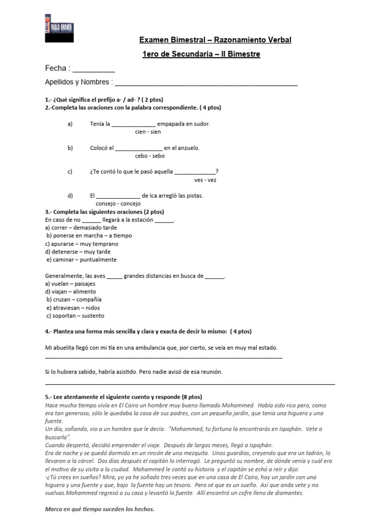 Examen Bimestral 1ero Secundaria R.verbal | PDF | Estudios de idiomas extranjeros