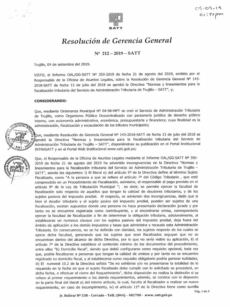 Resolución Gerencia General N°212-2019 Satt | PDF