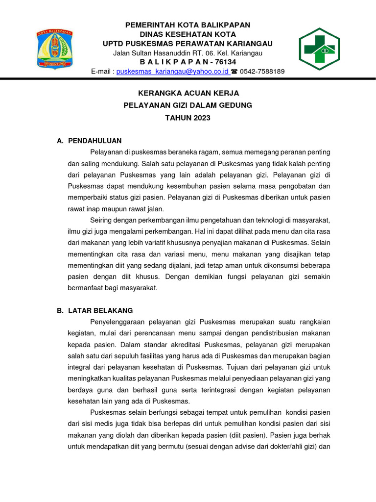 Kak Pelayanan Gizi Dalam Gedung | PDF