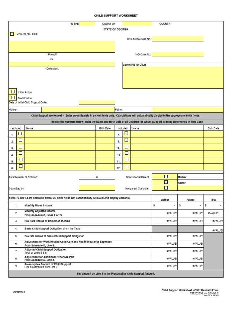 Georgia Child Support Calculation Form | PDF | Child Support | Economies
