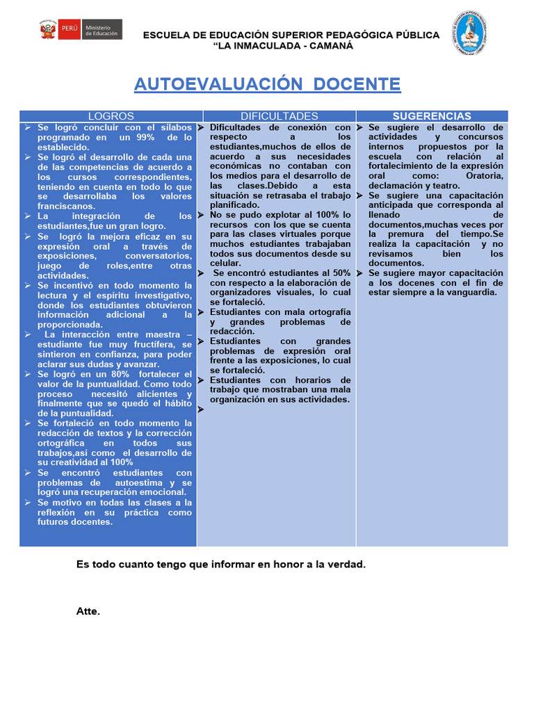 AUTOEVALUACIÓN DOCENTE | PDF | Maestros | Cognición