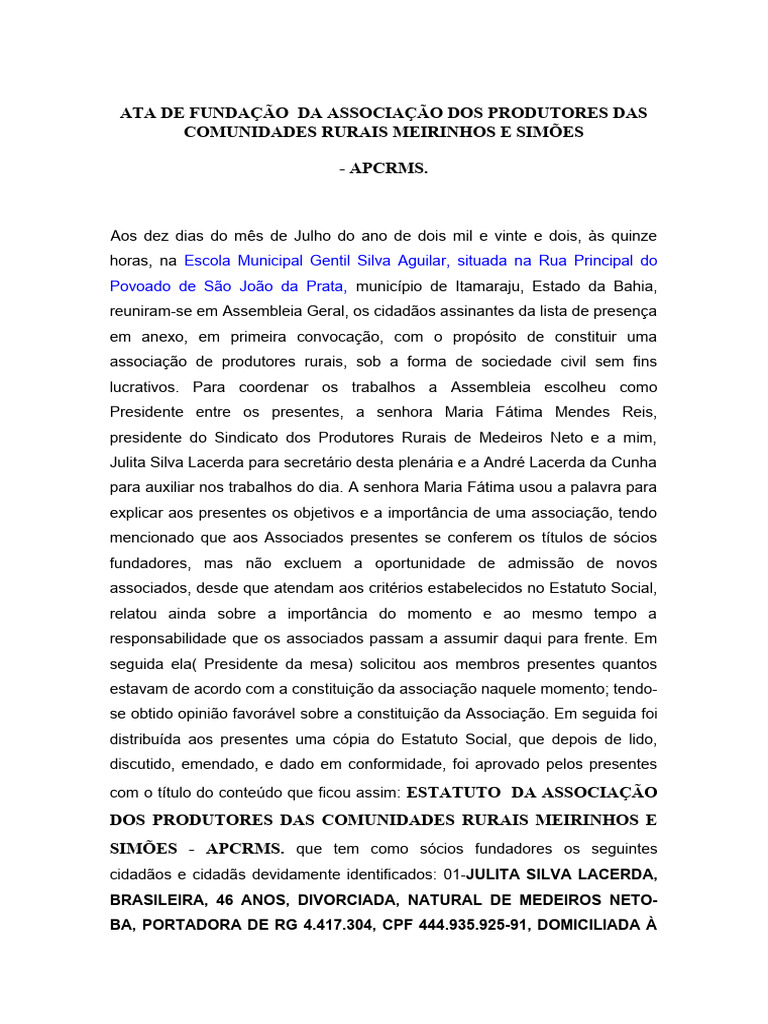 Ata de Fundação para Associação | PDF | Política | Direito