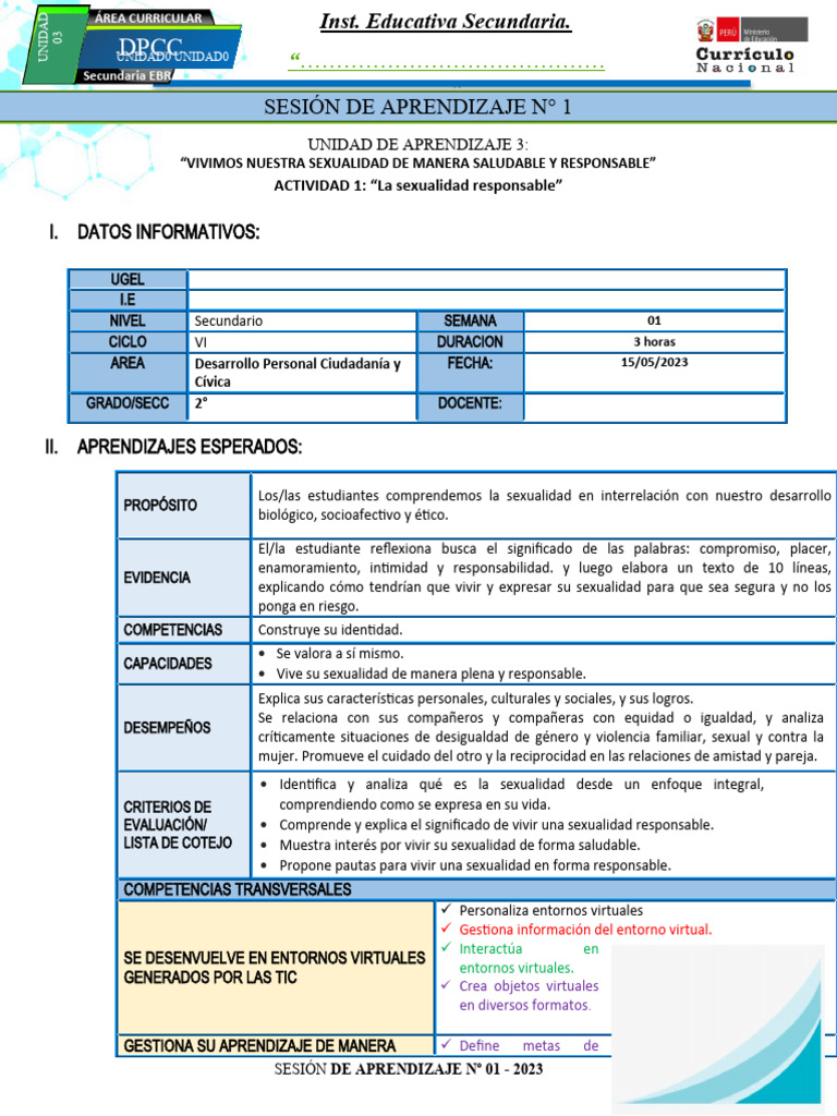 2º DPCC - Ses 1 Uni 3 - Sem 01 | PDF | Aprendizaje | La sexualidad humana