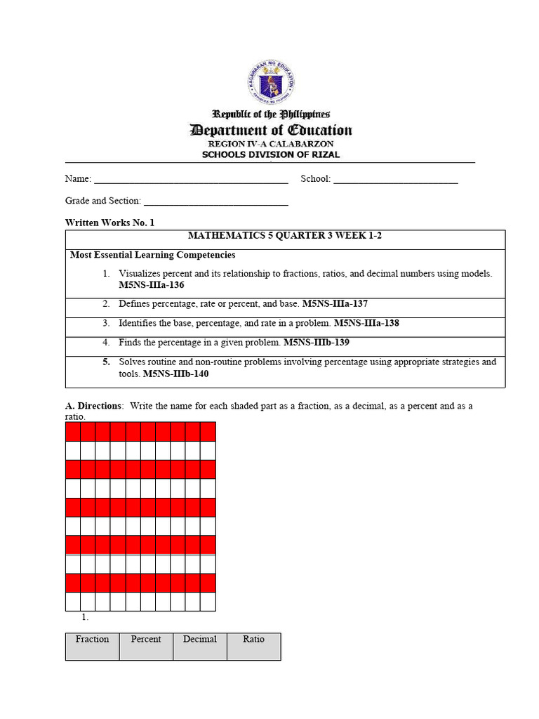 Grade 5 - WW1 - Math | PDF | Percentage | Ratio