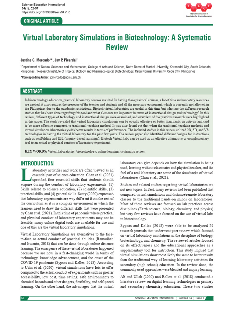 Virtual Laboratory Simulations in Biotechnology A Systematic Review ...
