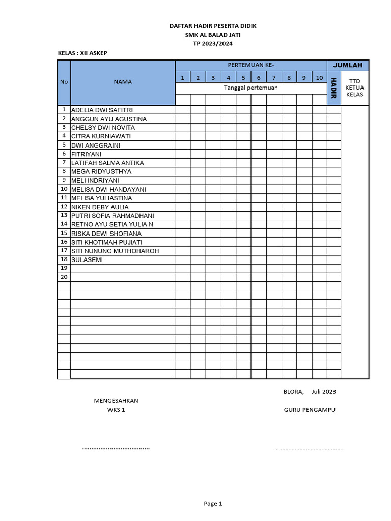 ABSEN SISWA 2023 X, Xi, Xii TKR-ASKEP | PDF