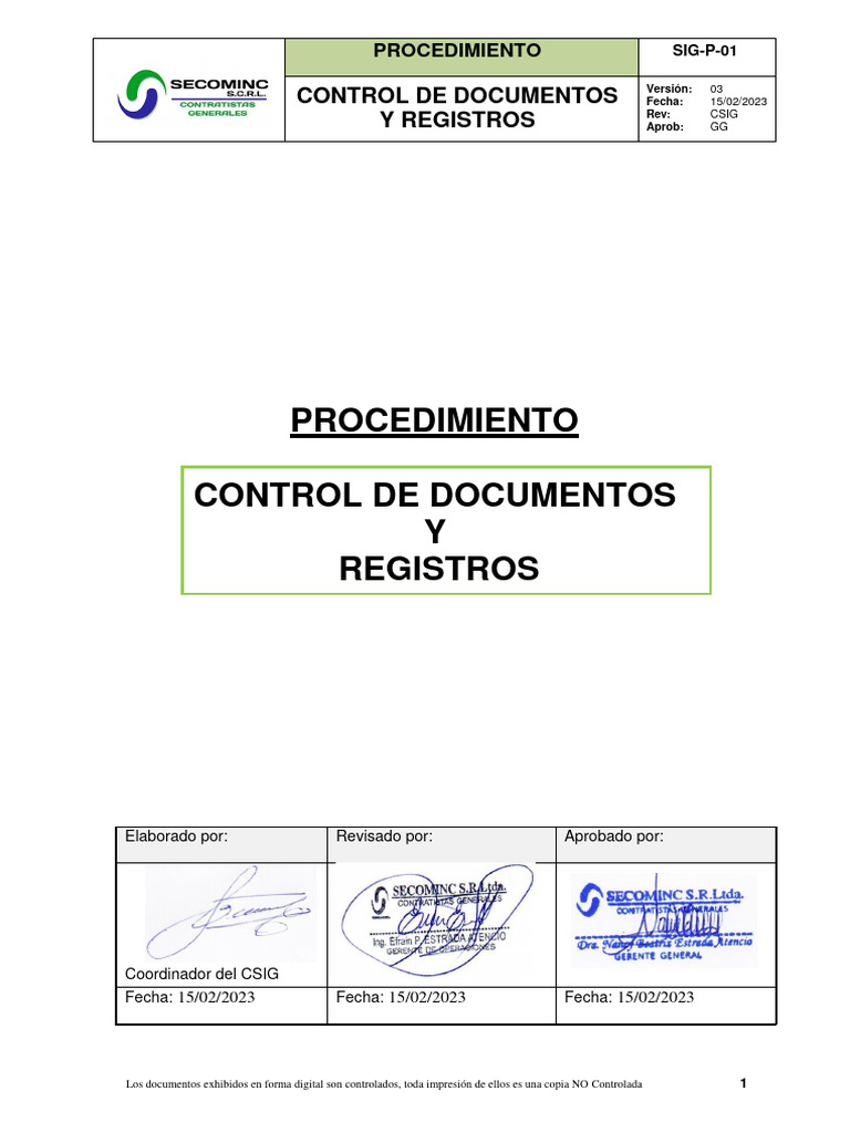 SIG-P-01 Control de Documentos y Registros 2023 | PDF | Sistema de información geográfica ...