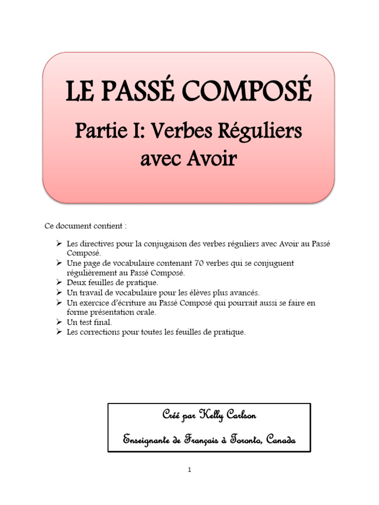 Le Passé Composé: Partie I: Verbes Réguliers Avec Avoir | PDF | Verbe | Conjugaison