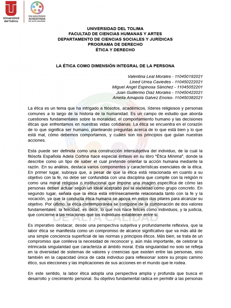 ÉTICA Y DERECHO.LA ÉTICA COMO DIMENSIÓN INTEGRAL DE LA PERSONA ...