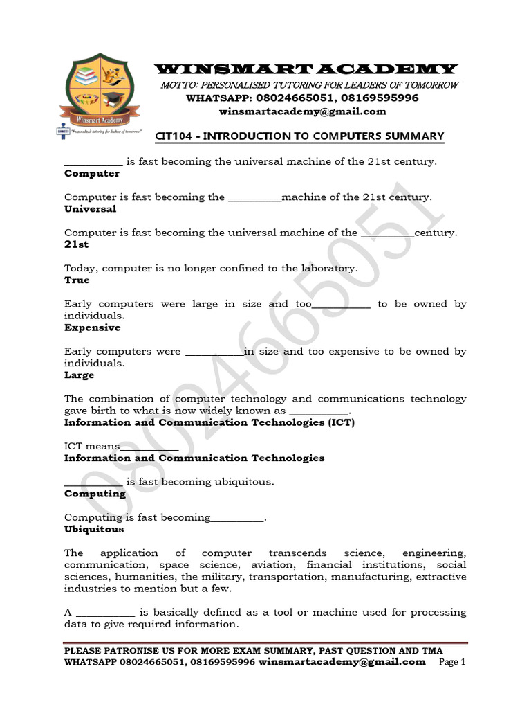 Cit104 Introduction To Computers Summary 08024665051 | Download Free PDF | Programming ...