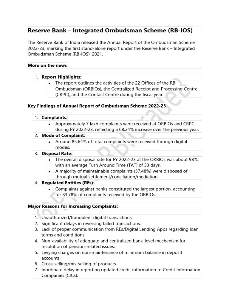 Reserve Bank - Integrated Ombudsman Scheme (RB-IOS) | PDF | Reserve ...