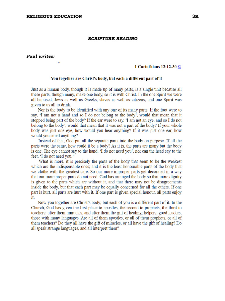 SCRIPTURE READING REFLECTION 1 Cor Chap 12 v12-30 | PDF | Paul The ...