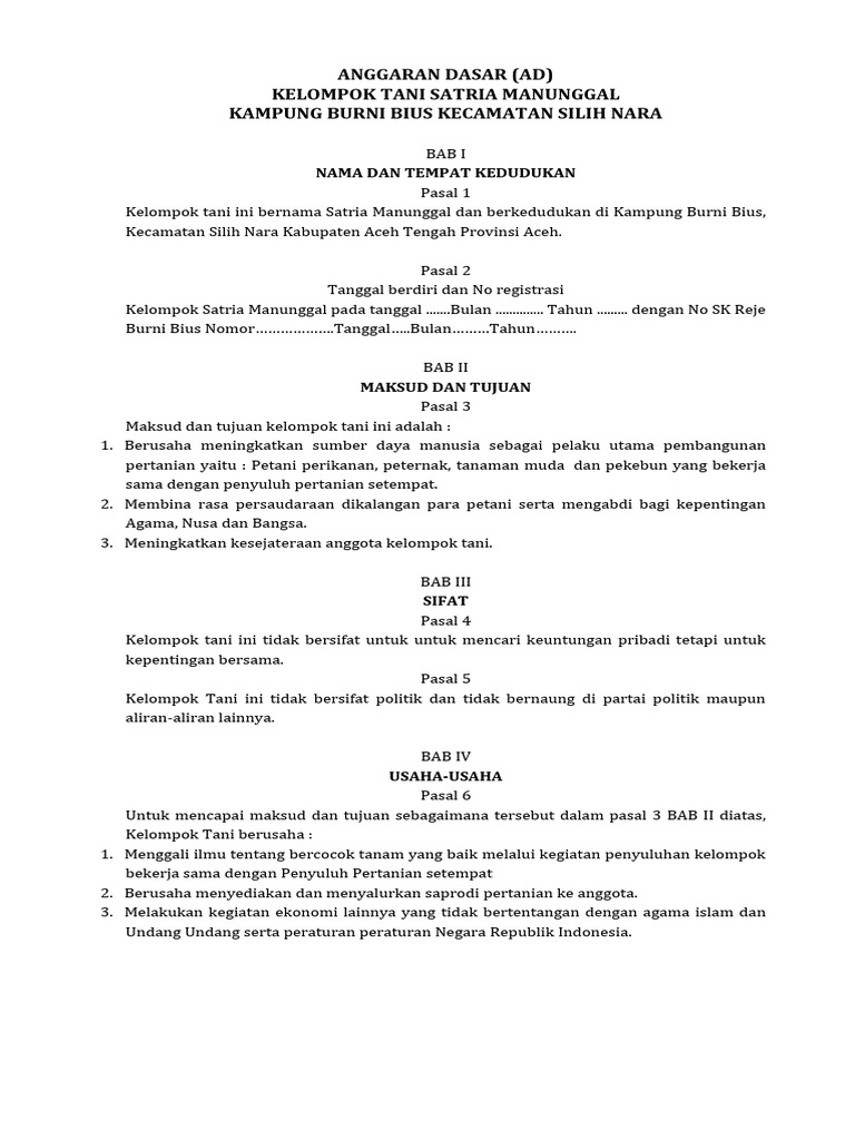 AD/ART Kelompok Tani Satria Manunggal | PDF
