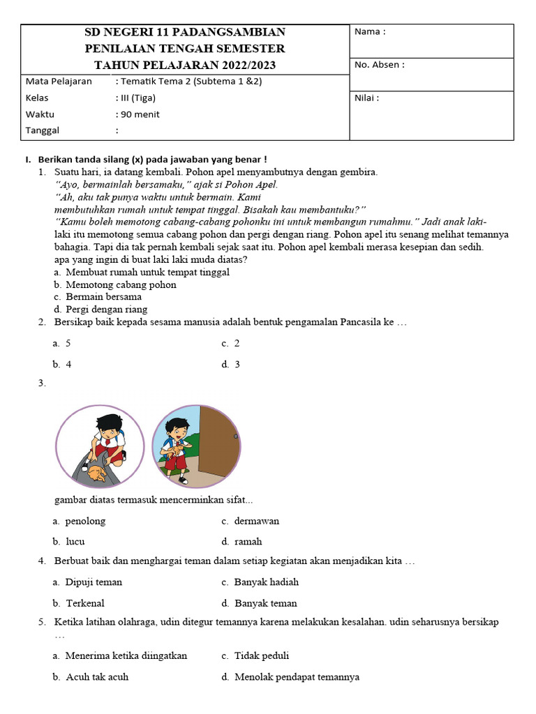 SOAL PTS KELAS 3 TEMA 2 Bagian 1 | PDF