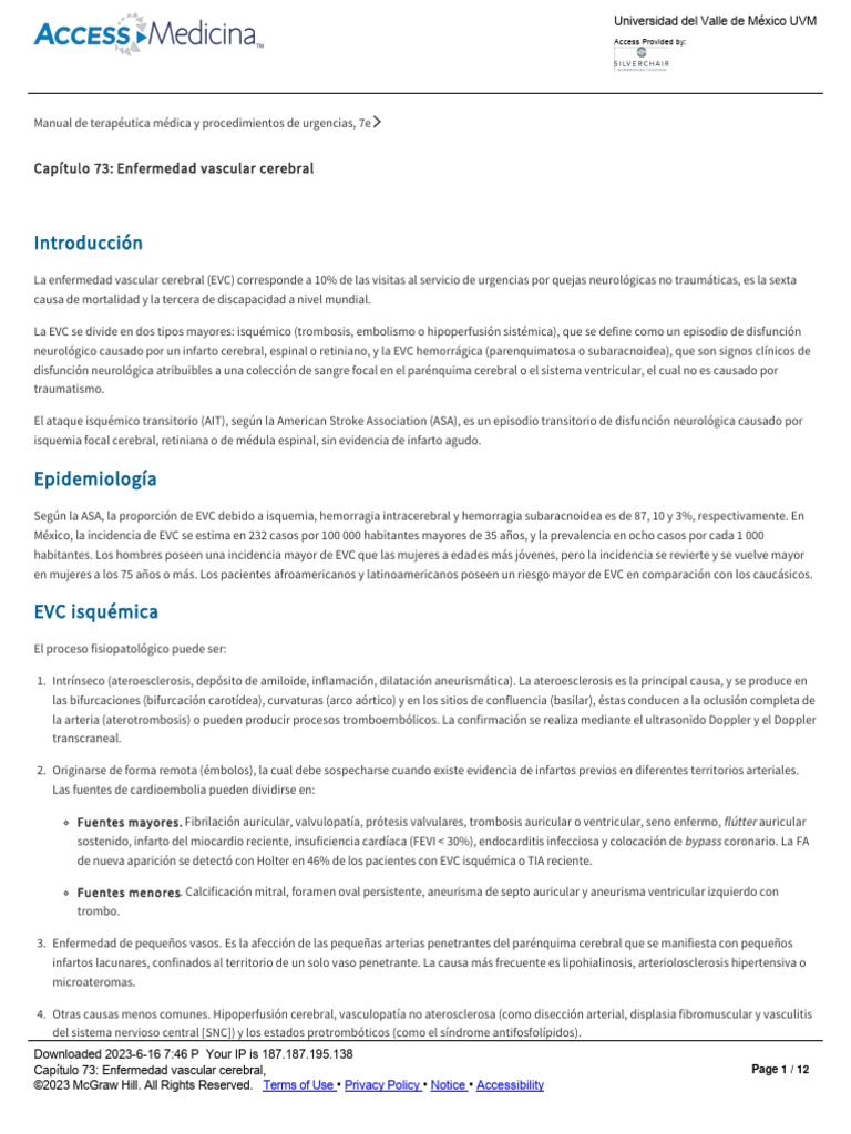 Capítulo 73 - Enfermedad Vascular Cerebral | PDF | Carrera | Isquemia