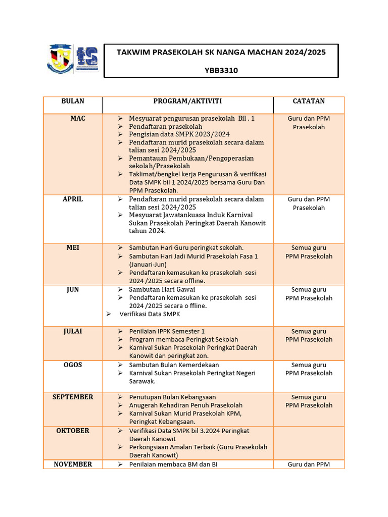 Takwim Prasekolah 2024 | PDF