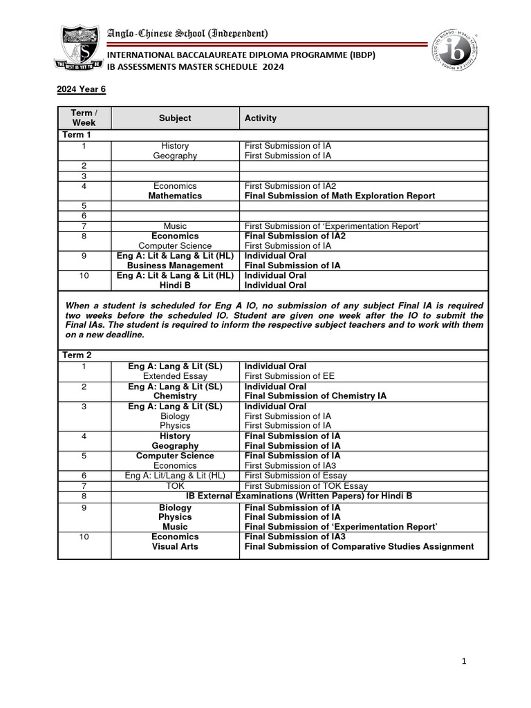 2024 IBDP Assessment Schedule | PDF | Secondary Education | Schools