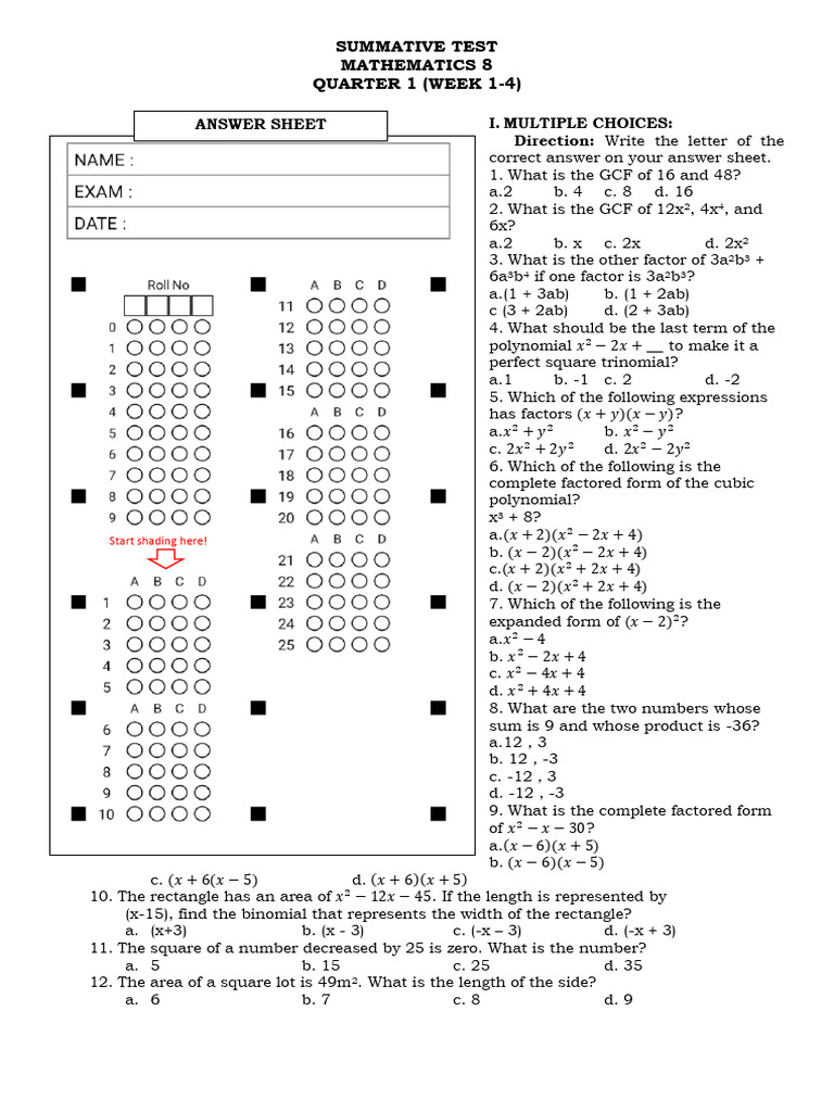1ST Summative Test g8 | PDF | Factorization | Mathematical Objects