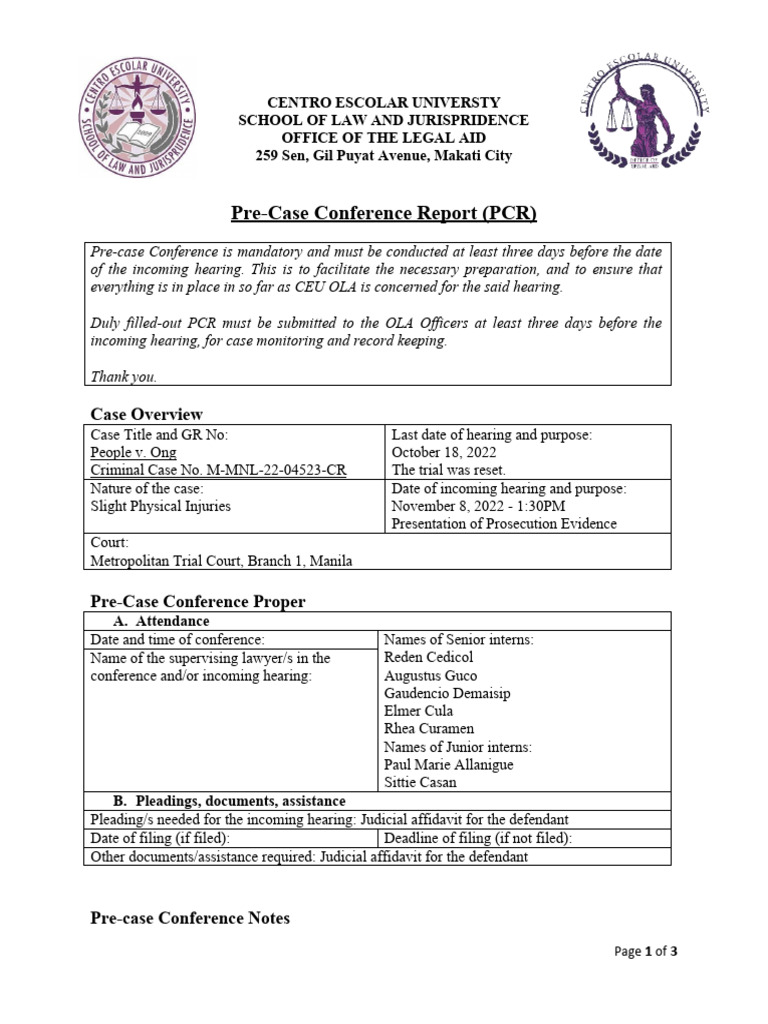People V Ong Pre Case Conference Report (Repaired) | PDF | Crime ...