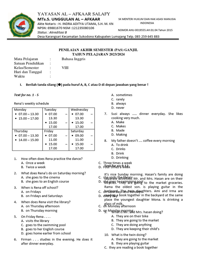 Soal PAS B.ING Kelas 8 | PDF