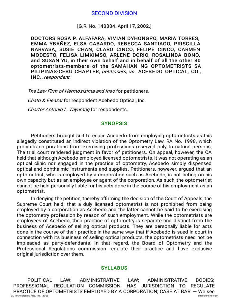 114499-2002-Alfafara v. Acebedo Optical Co. Inc. | PDF | Optometry ...