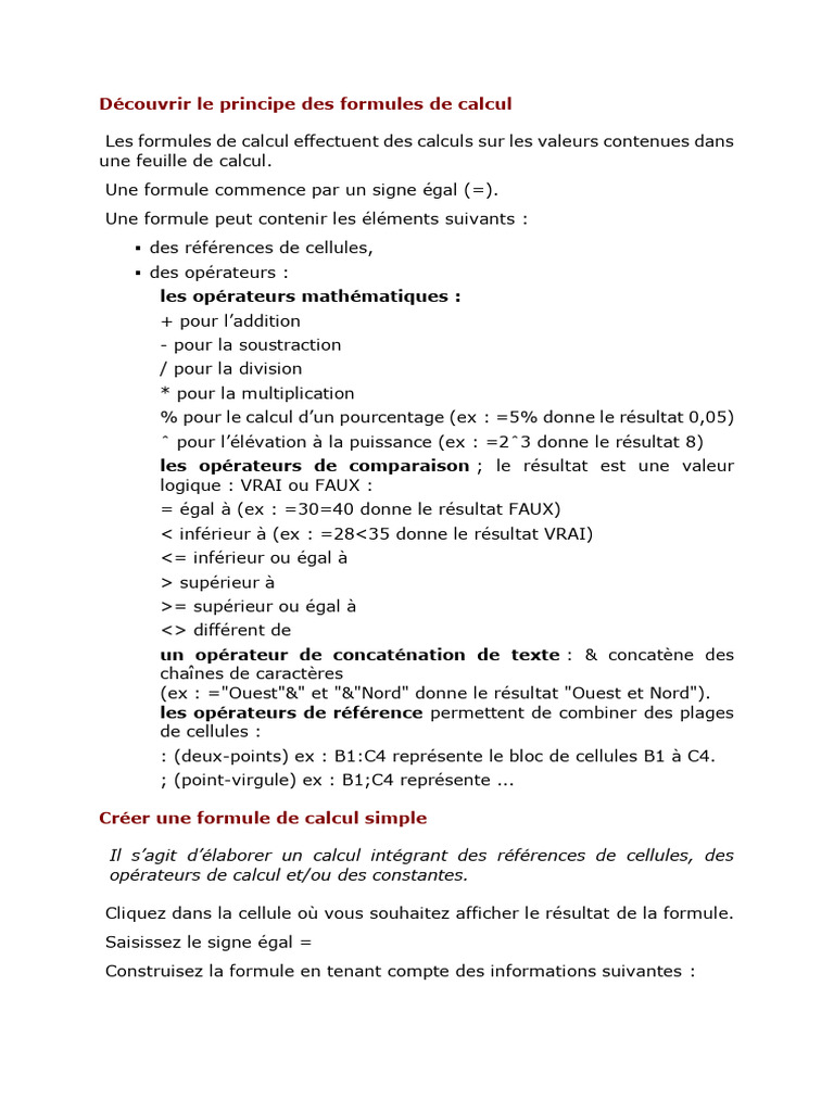 Formules de calcul dans Excel : Guide complet | PDF | Microsoft Excel ...