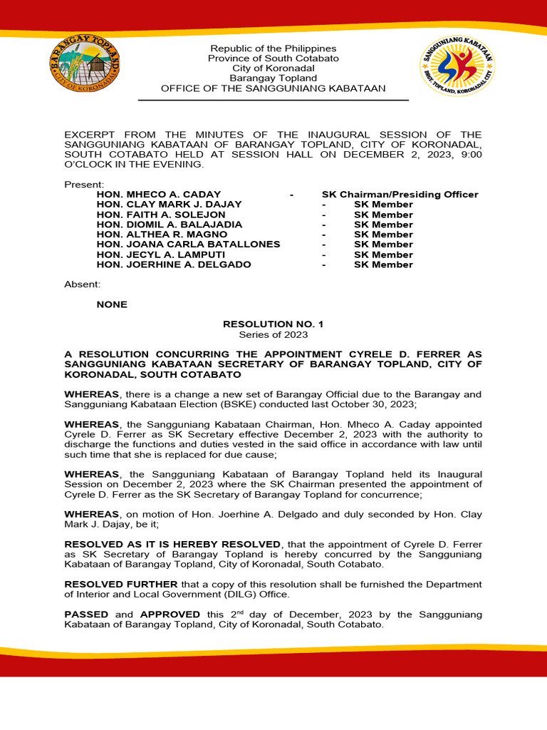 RESOLUTION NO. 1 SERIES OF 2023 - SECRETARY | PDF | Government | Youth ...