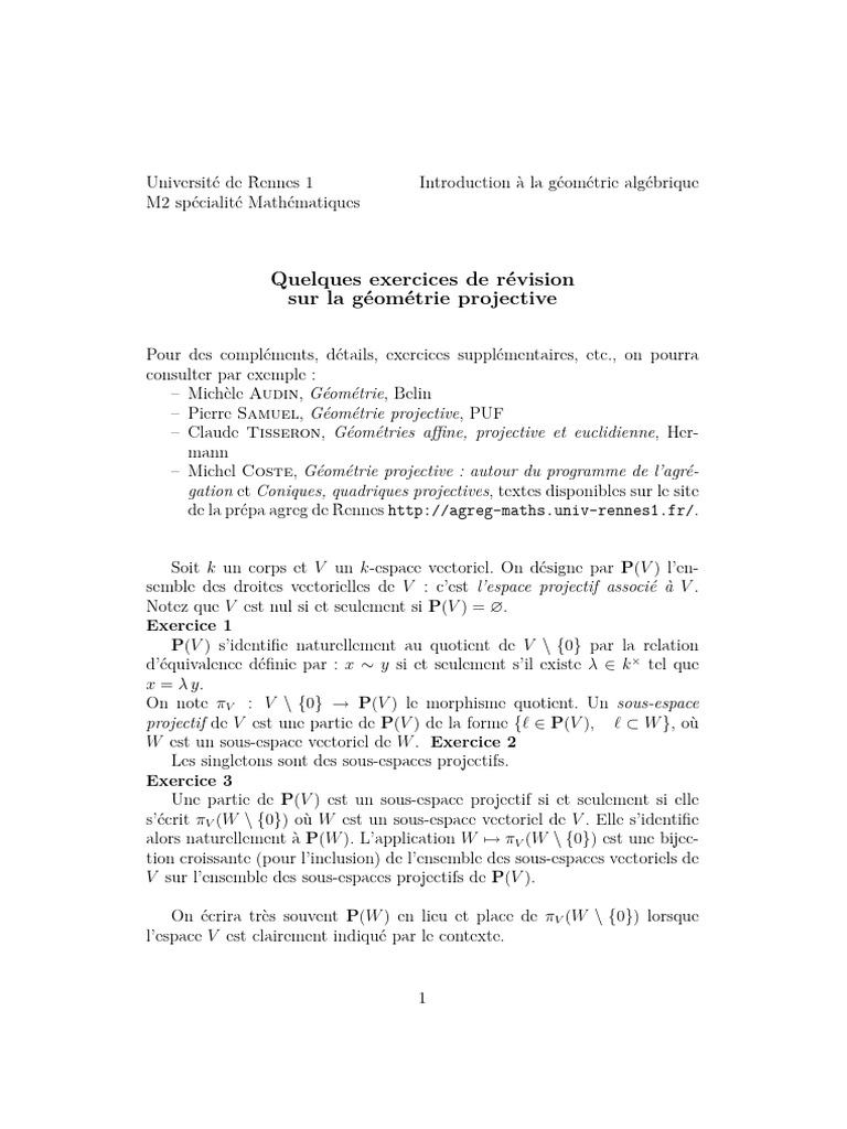 Exercices sur la géométrie projective | PDF | Géométrie projective ...