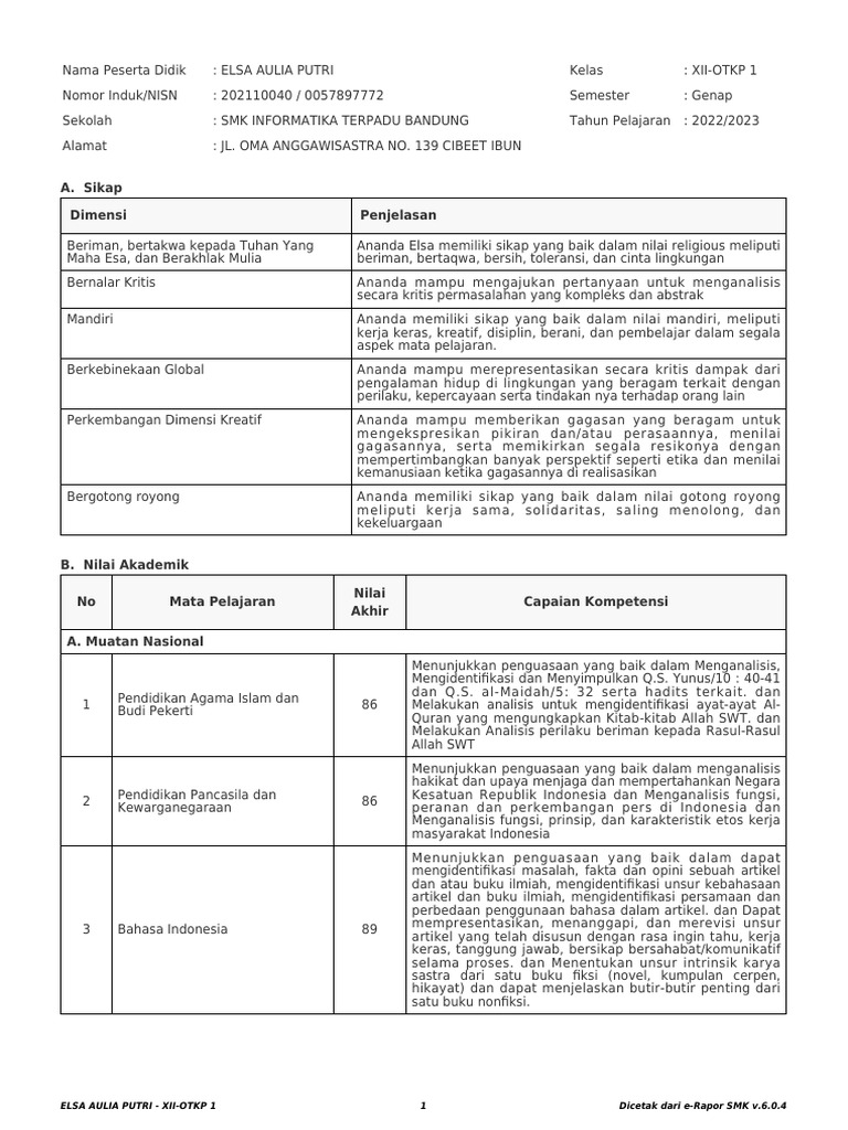 Rapor Elsa Aulia Putri - Xii-Otkp 1 | PDF