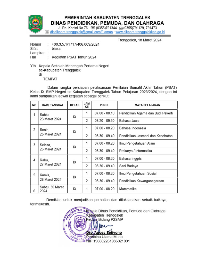 Jadwal PSAT Kelas IX Trenggalek 2024 | PDF | Perjalanan | Kesehatan ...