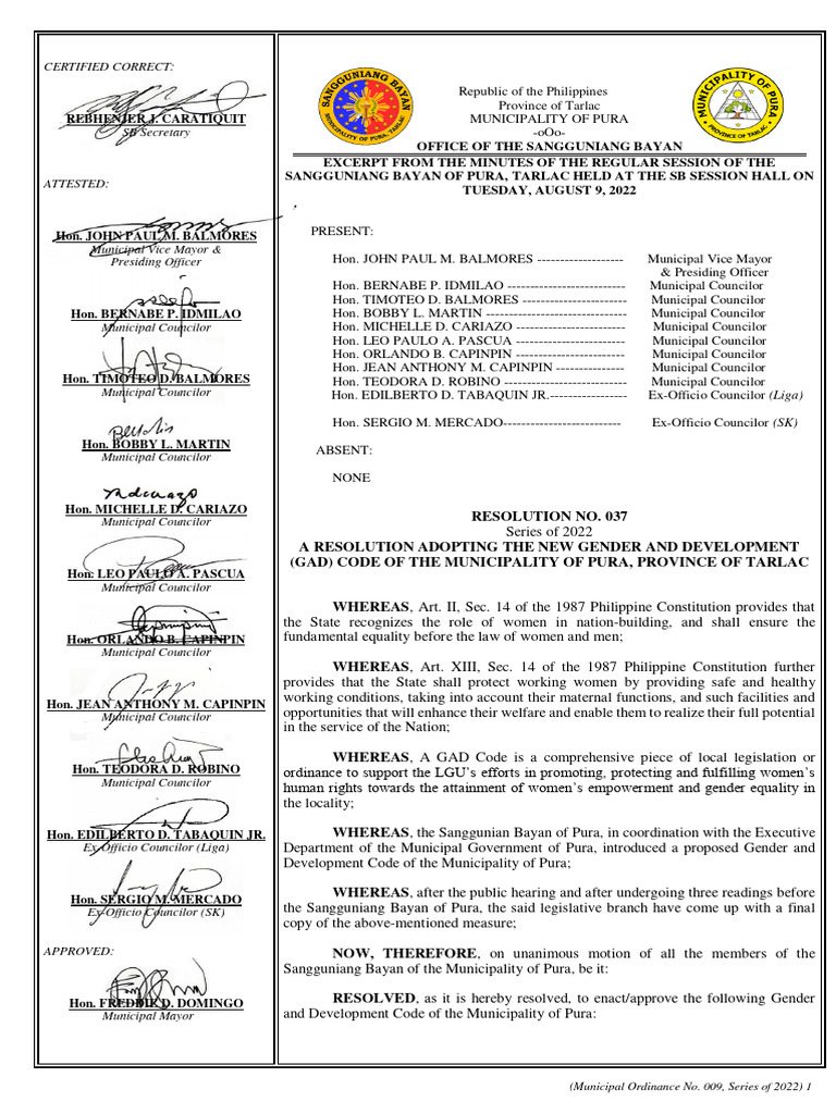 Municipal Ordinance No. 009 Series of 2022 (Updated GAD Code) Sample ...