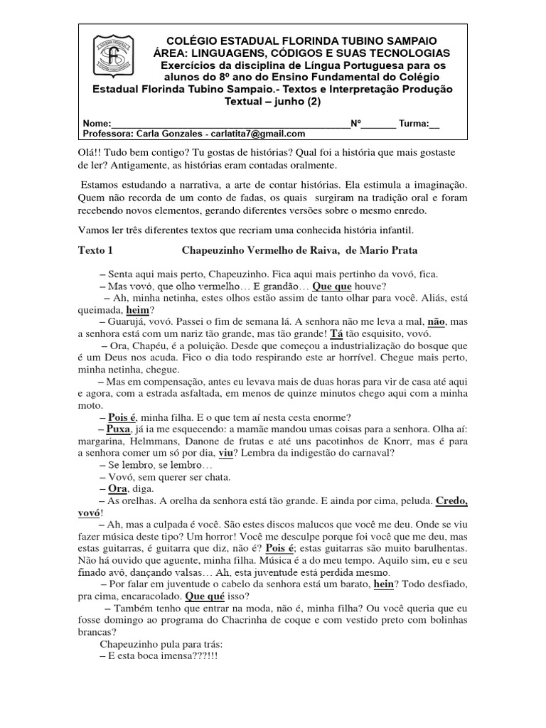 Aula programada 8º ano junho | PDF | Publicidade | Chapeuzinho Vermelho