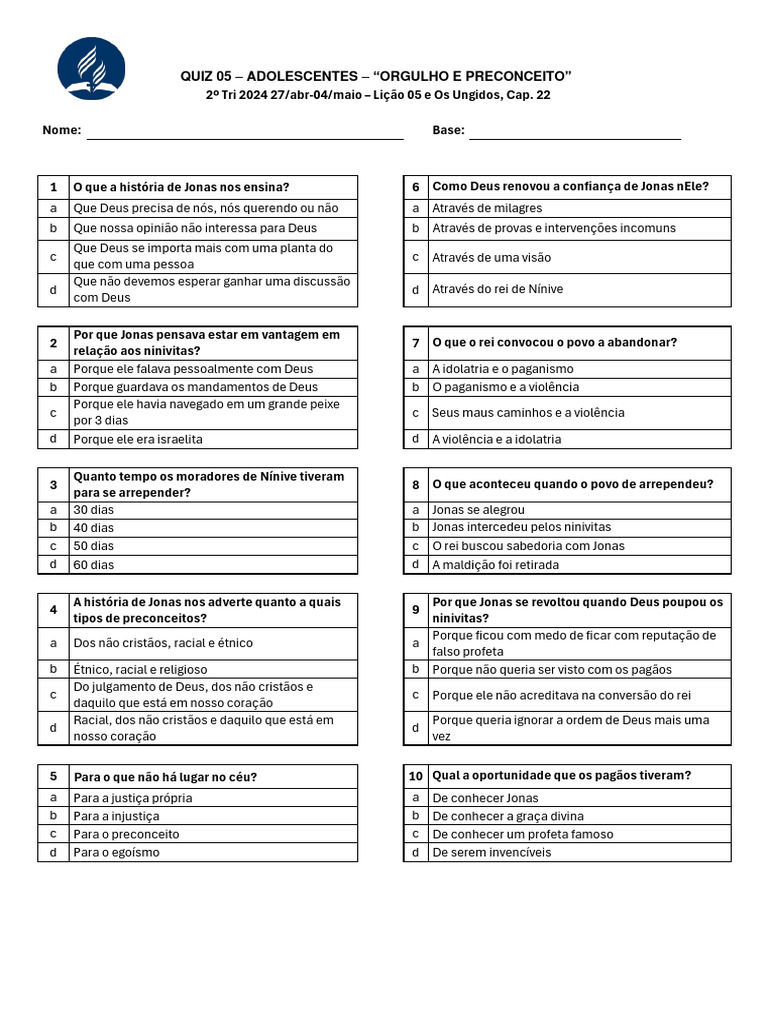 BEP 05 - PROVA - 2 Folhas | PDF | Jonas | Deus