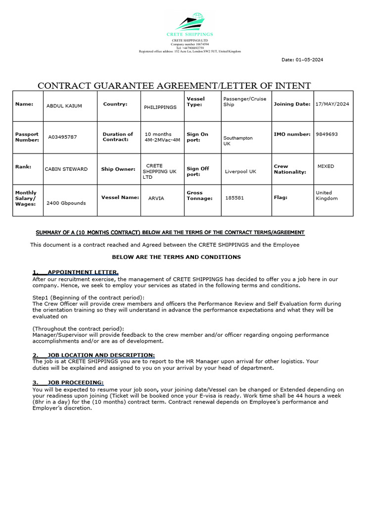 ABDUL KAIUM - Crete Shipping contract-UK2 | PDF | Employment | Overtime