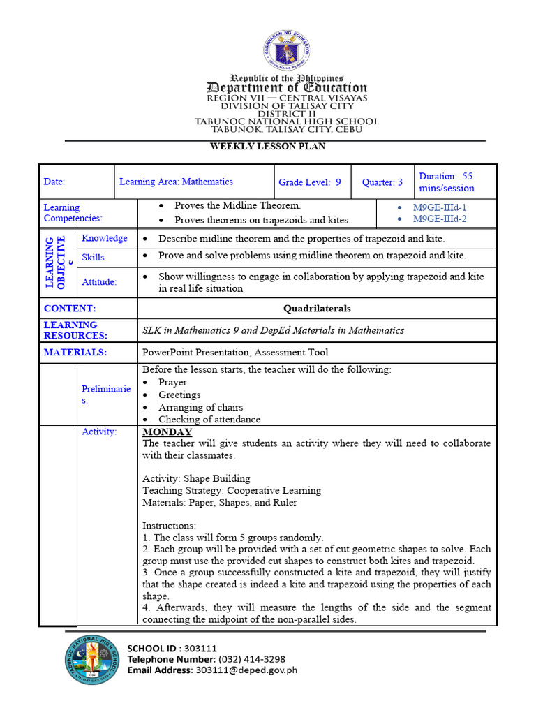Grade 9 Math Lesson Plan: Quadrilaterals | PDF | Rectangle | Geometry