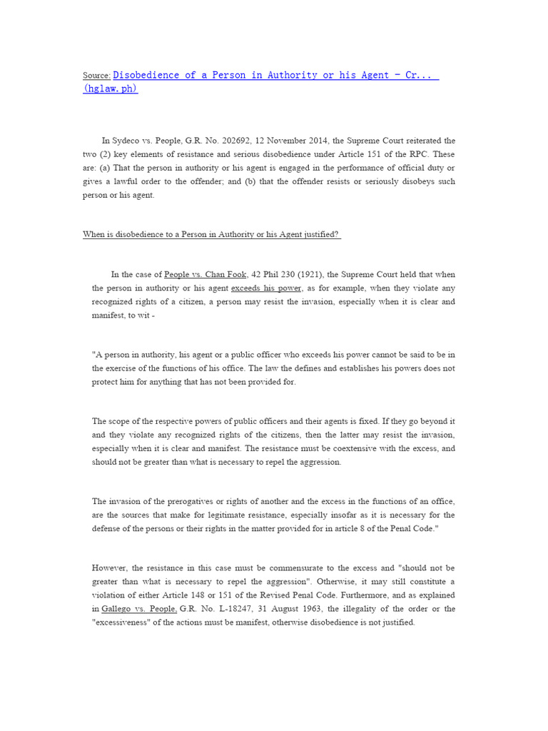 Article 151 RPC Resistance and Disobedience | PDF | Civil Disobedience | Political Law