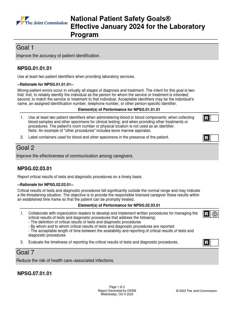 National Patient Safety Goals (2024) - Joint Commission | PDF | Medical ...