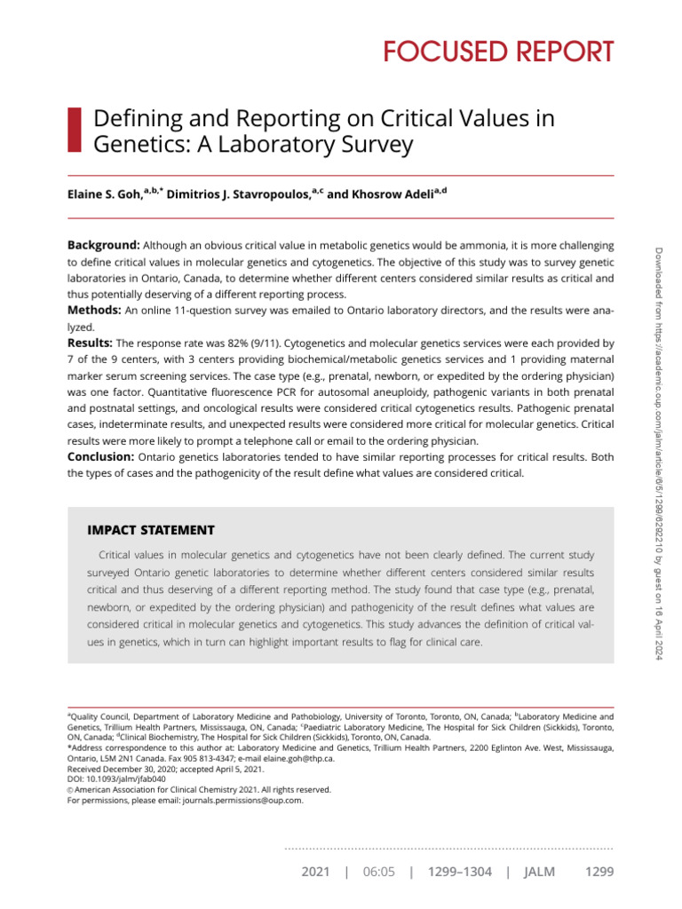 Defining and Reporting on Critical Values in Genetics, a Laboratory ...