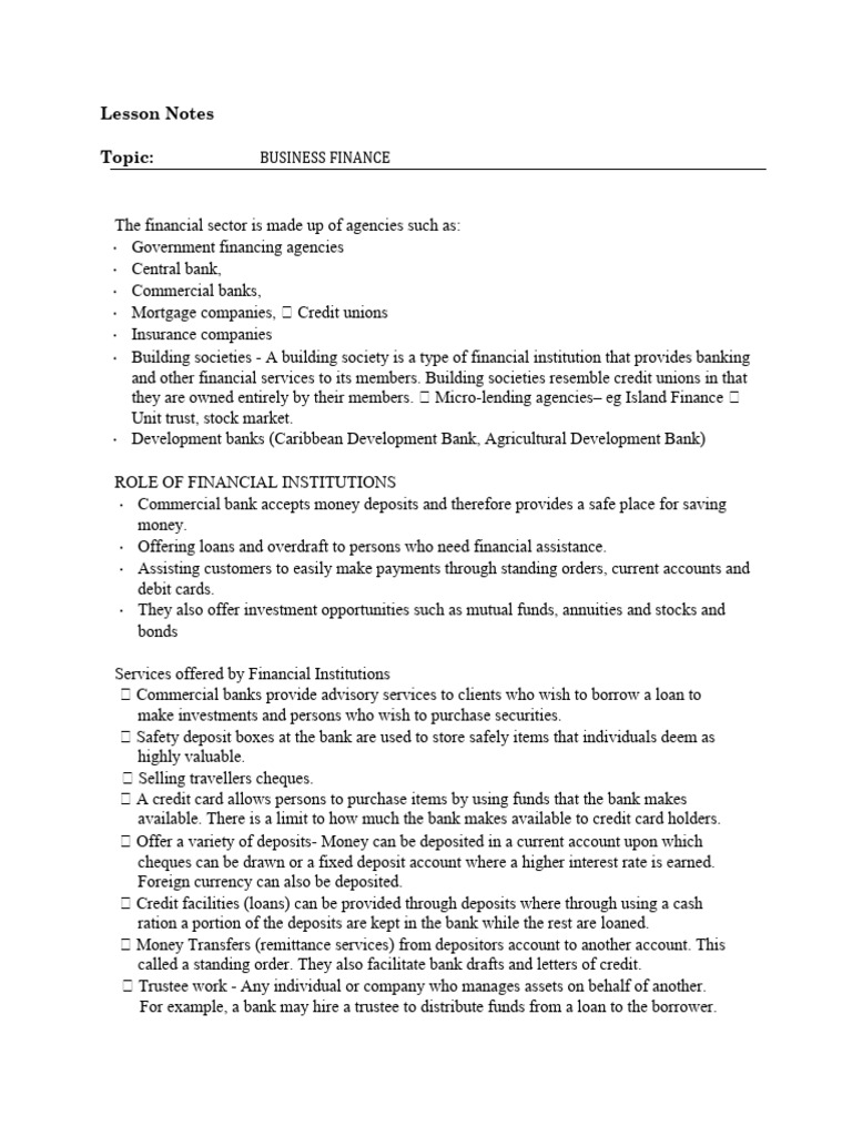 P.O.B Business Finance Lesson Notes | PDF | Banks | Loans