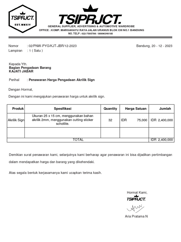 Penawaran Harga Akrilik Sign Bandung | PDF