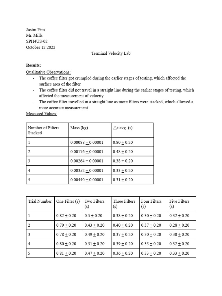 Terminal Velocity Lab | PDF | Observational Error | Significant Figures