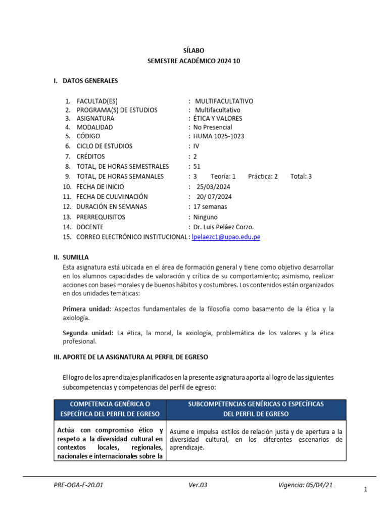 Sílabo de Ética y Valores 2024 | PDF | Evaluación | Moralidad