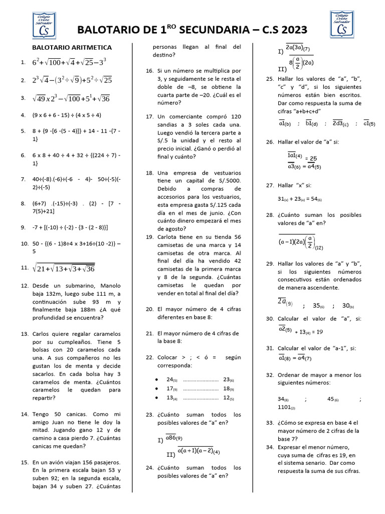 Balotario 1ro Sec - I Trimestre | PDF