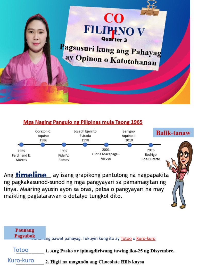 Power Point-FILIPINO5-Q3-PAGSUSURI KUNG ANG PAHAYAG AY OPINYON O KATOTOHANAN | PDF