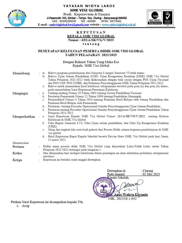 Penetapan Kelulusan SMK Visi Global 2023 | PDF