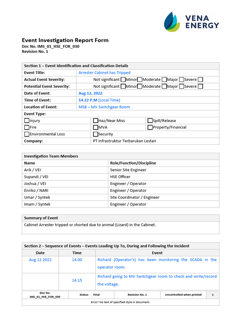 Event Investigation Report of Arrester Cabinet Has Trip | PDF | Safety