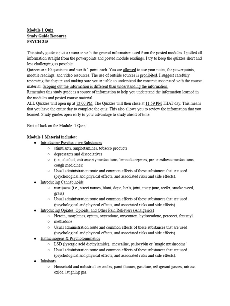 PSYCH 315: Module 1 Study Guide | PDF | Cannabis (Drug) | Oxycodone