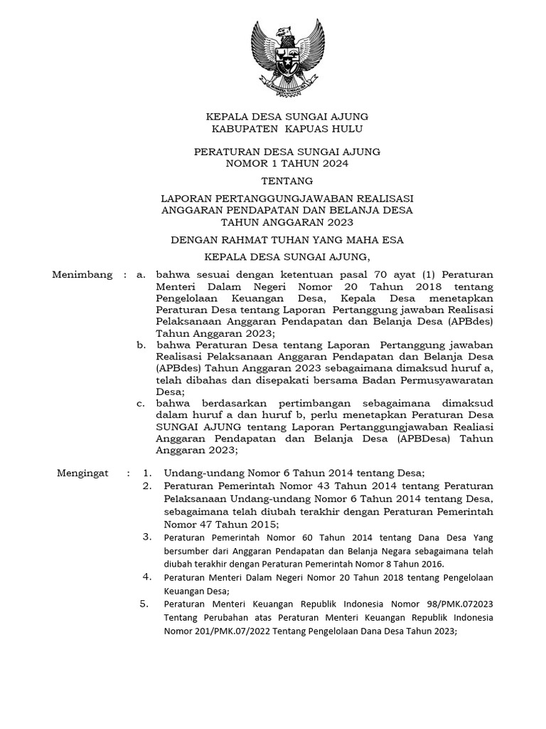 Perdes LPJ Realisasi APBDes 2023 | PDF