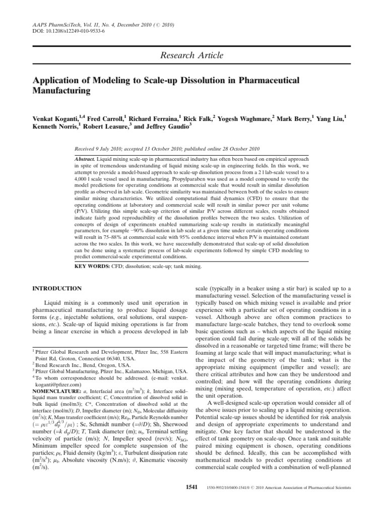 Scale-Up Modeling for Pharmaceutical Dissolution | PDF | Solubility ...