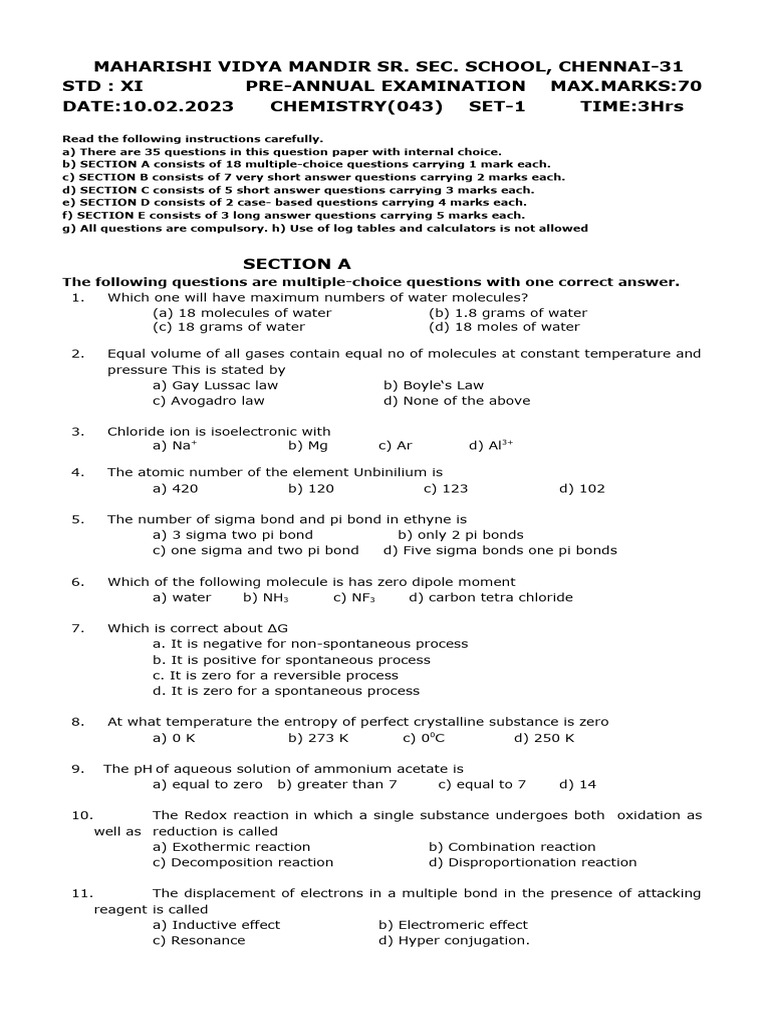 Pre Annual Set 1 Chem QP | PDF | Acid | Chemical Reactions